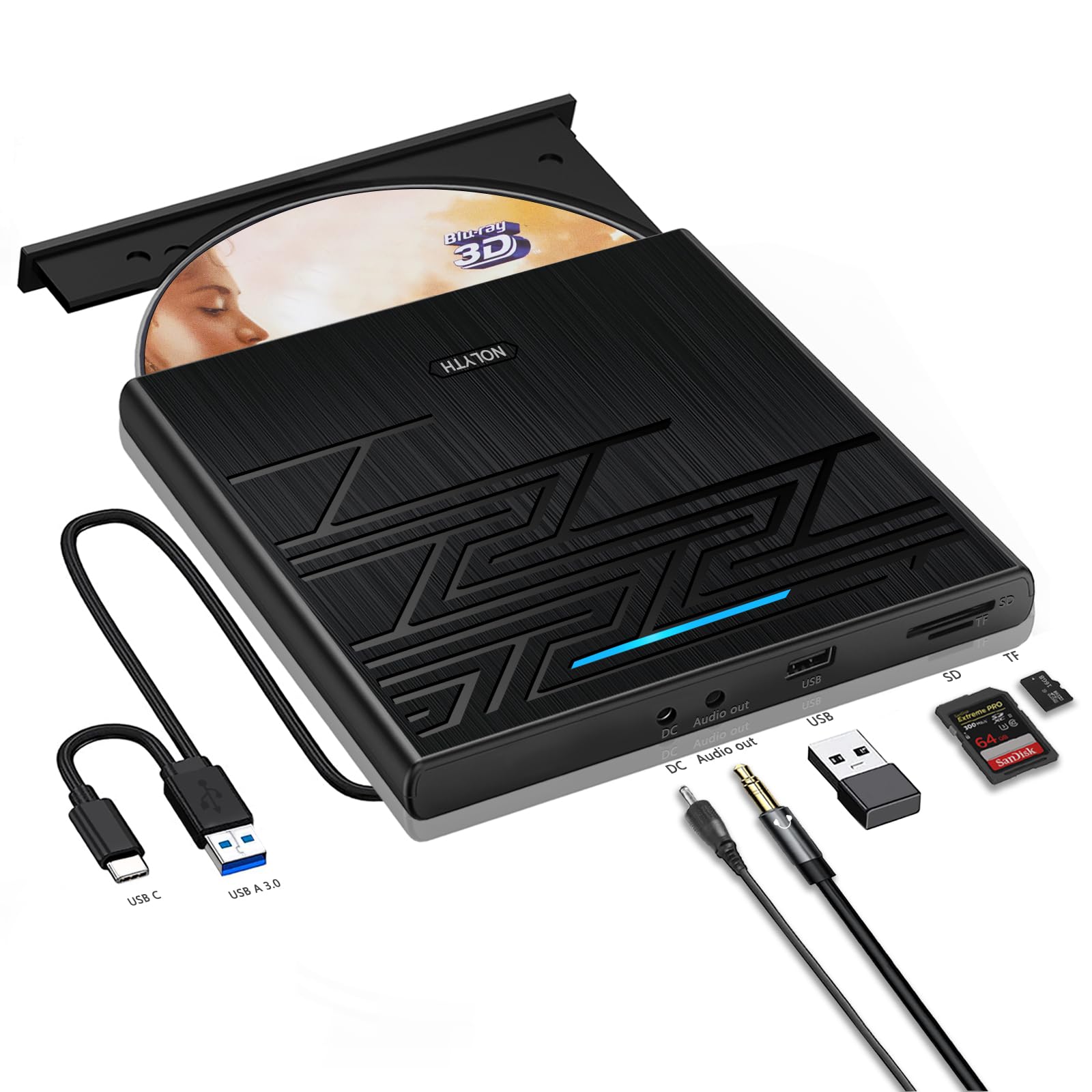 NOLYTH External Blu Ray DVD Drive USB 3.0 Type-C Bluray Burner with SD/TF/USB Slots Portable BD Player Read/Write CD DVD Bluray Drive for Laptop PC Mac Windows MacBook Desktop