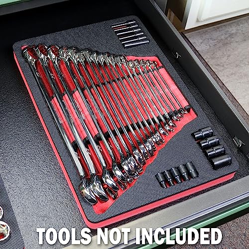 Polar Whale Tool Drawer Organizer Wrench Holder Insert Red and Black Durable Foam Strong Tray 15 x 10 Inches with 3 Pockets for Accessories Fits Duralast and Many Others