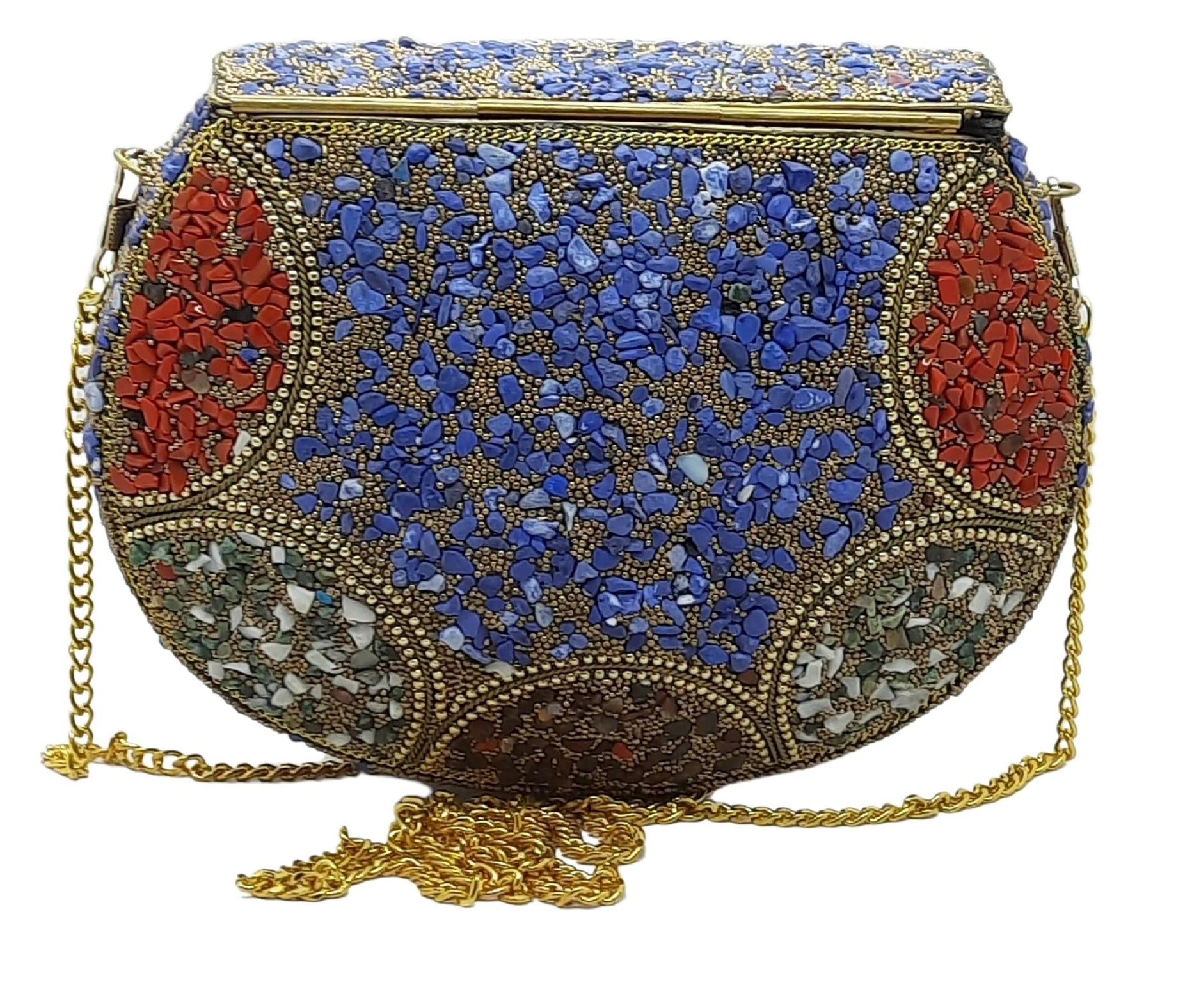 Trend Overseas Multi color Cut Stone Antique Ethnic mosaic party clutch, Multicolour, M