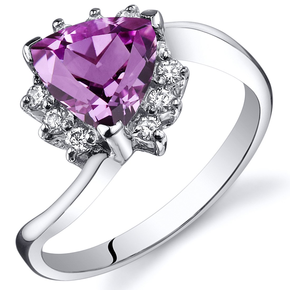 PEORA Created Pink Sapphire Promise Ring in Sterling Silver, Sweet Blossom Design, 1.75 Carat Trillion Cut, Comfort Fit, Size 8