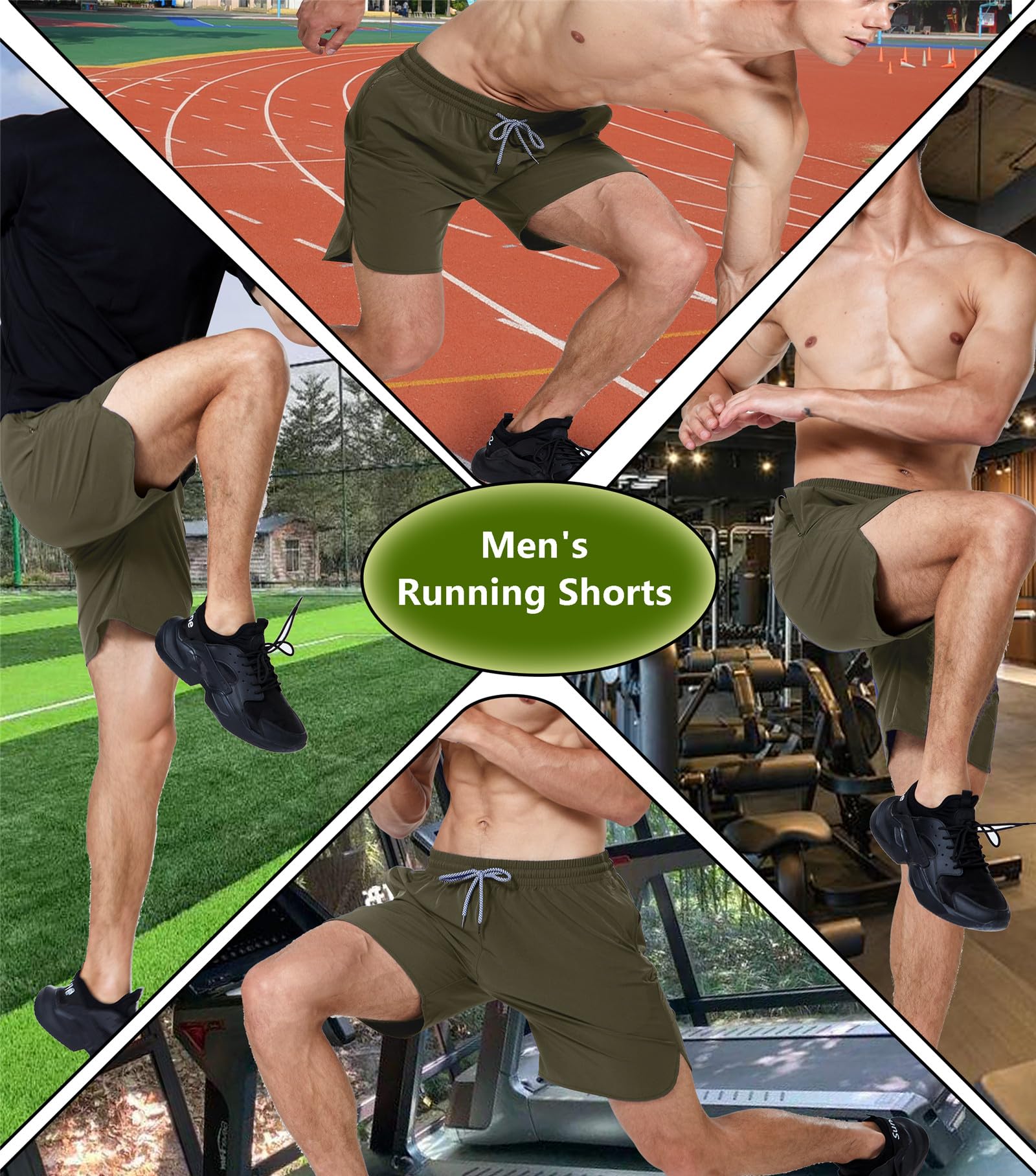 Oelise Men's 2 Pack Gym Shorts Running Jogger Quick Dry Athletic Bodybuilding Pants with Pockets Black and Olive Green L