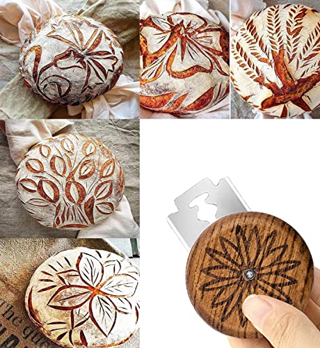 Wood Bread Lame Slashing Cutter Tool, Bamboo Hand Crafted Dough Sourdough Scoring Knife Making Slasher Lame Bread Tool for Bread Bakers with 5 Replaceable Razor Blades and Storage Cover (Sunflower)