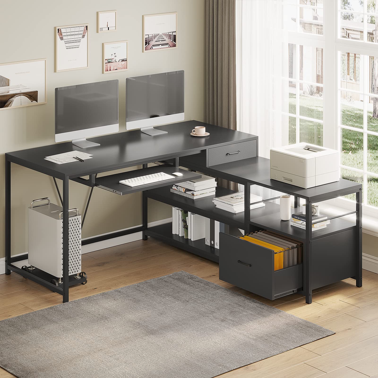 SEDETA L Shaped Desk with File Drawers, 55 inches Corner Computer Desk with Storage Shelves, Keyboard Tray and Printer Stand, Computer Table Writing Desk Workstation for Home Office, Black