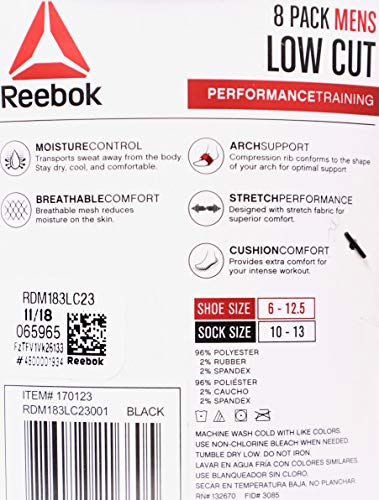Reebok Mens Low-Cut Socks Performance Training 8 Pairs, Size 10-13 (Black)
