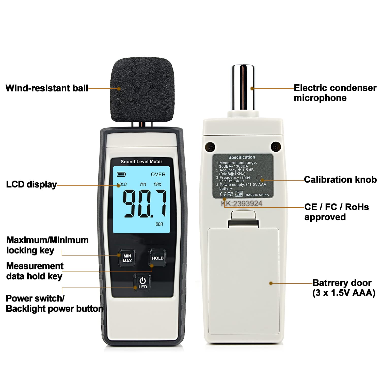 XinJiaYi Decibel Meter, Portable SPL Meter (Sound Pressure Level Meter), Digital Noise Meter, Range 30-130 dB(A) db Meter, Noise Volume Sound Monitoring Tester (Battery Included) Gray