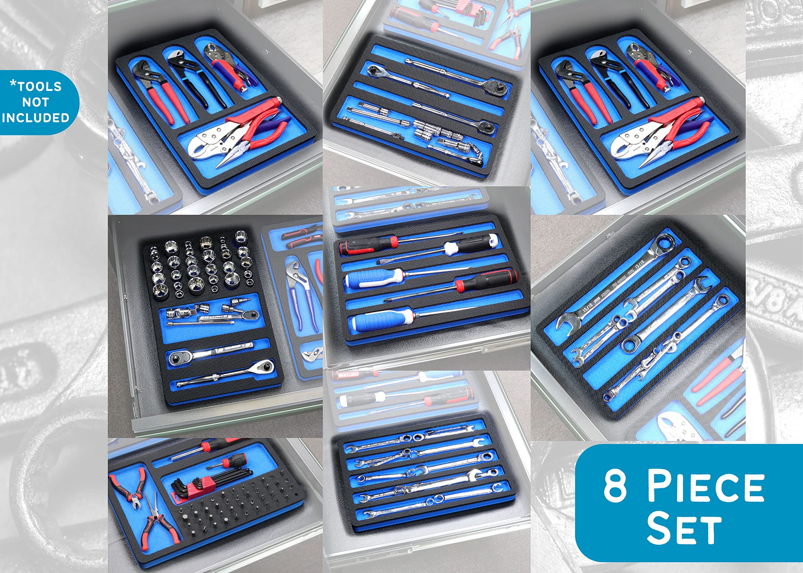 Polar Whale Tool Drawer Organizer 8-Piece Insert Set Blue and Black Durable Foam Holds Many Tools and Accessories 15 x 10 Inch Trays Fits Craftsman Husky Kobalt Milwaukee Many Others