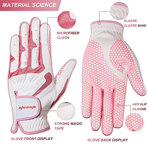 wosofe Golf Gloves Women Both Hands Pair Synthetic PU Soft Silica Gel Non-Slip Ventilation Comfortable Pink Close Fit Fashion (Medium)