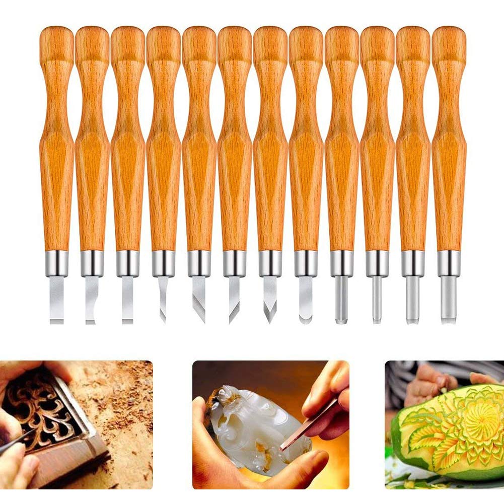 Wood Carving Tools,12 Set Professional Carving Kit Wood Carving Tools Set-Carving Hook Knife,Whittling Knife,Chip Carving Knife, Carving Knife Sharpener for Spoon Bowl Cup Woodworking