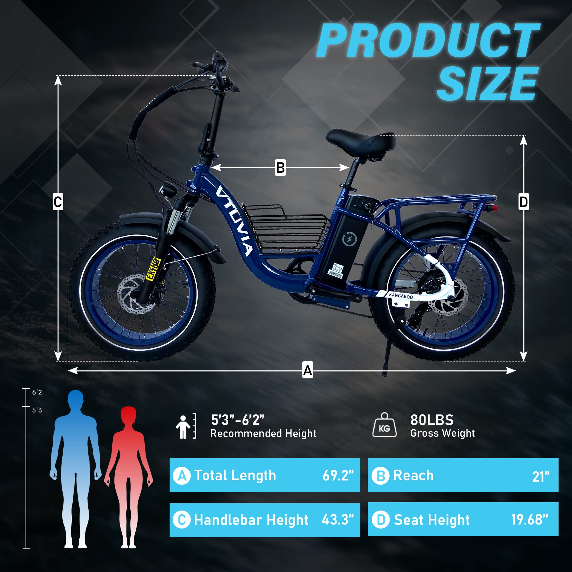vtuvia Electric Bike 20" x 4.0 Fat Tire Step-Thru Electric Bicycles for Adults, 750w Motor 48v 13Ah Removable Lithium Battery, 28MPH Ebikes Front Suspension Fork