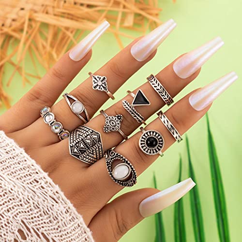 Salliy Boho Rings Set Silver Rings Joint Knuckle Finger Rings Stackable Rings Jewelry for Women and Girls (C)