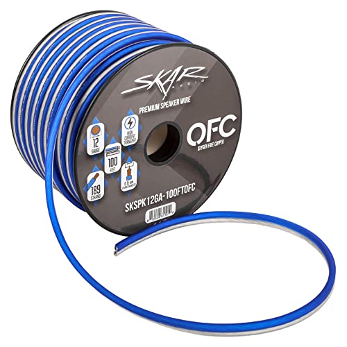 Skar Audio 12 Gauge (AWG) Elite Oxygen-Free Copper Audio Speaker Wire - 100 Feet (Blue/White)