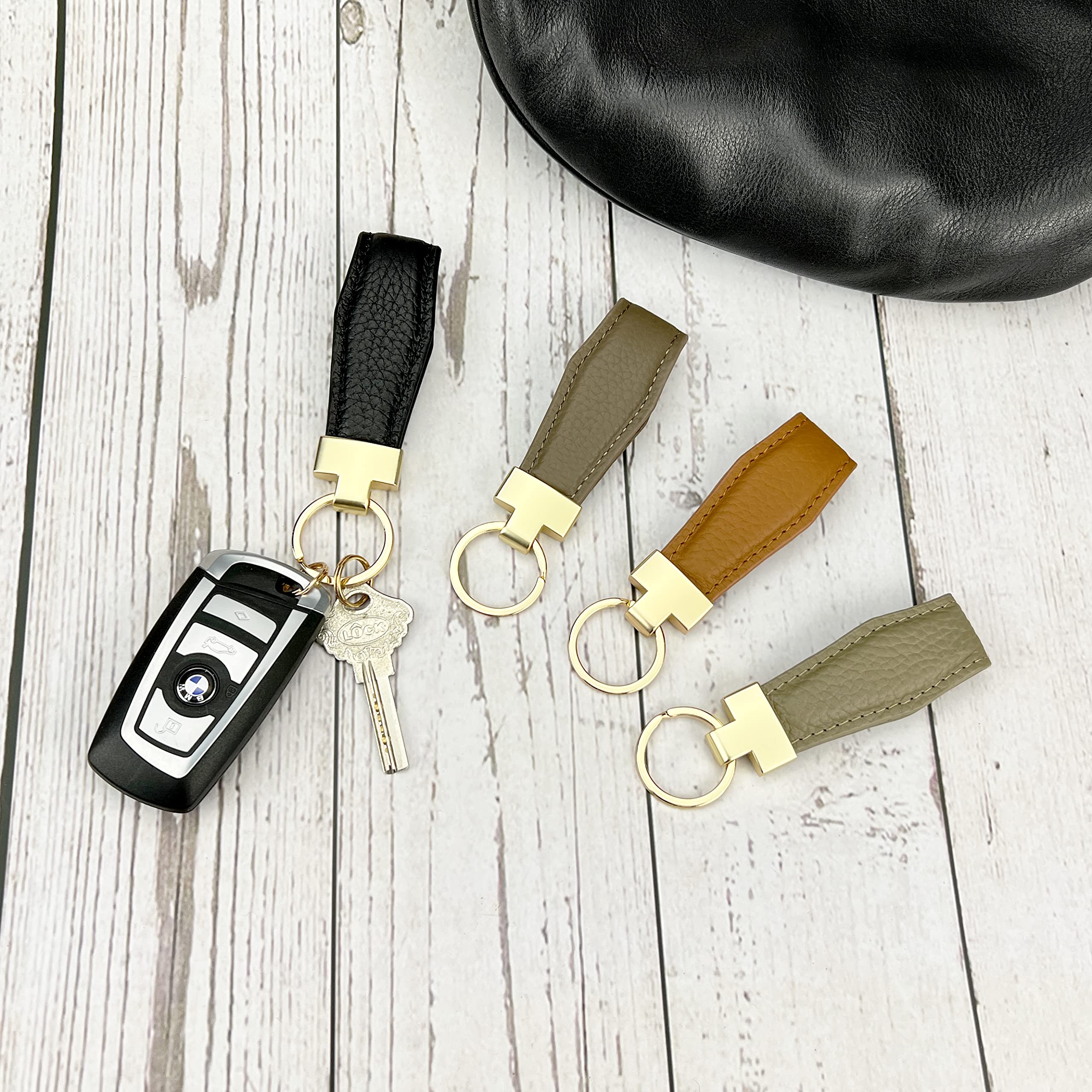 Wlighter Classic Leather Key Chain Holder with Gold Key Rings, Keychain for Car Keys, House Keys (Grey)