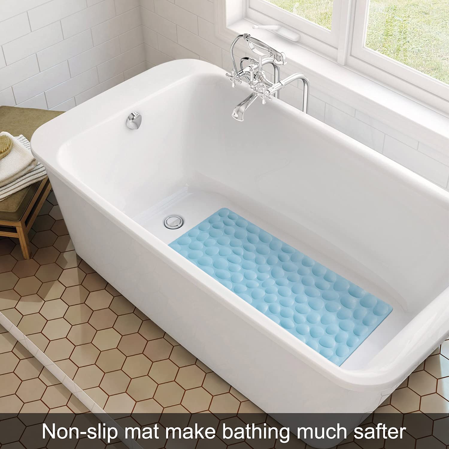 Non-Slip Bathtub Mat OTHWAY Soft Rubber Bathroom Bathmat with Strong Suction Cups (Lake Blue)