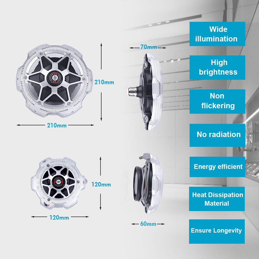 Tesecu High Bay Light 12000LM 120W 6500K Daylight Garage Ceiling Light Fixtures, 1 Main+4 Split, E26 Socket LED Warehouse Lights Commercial Shop Workshop Garage Factory Lowbay Area Lighting Fixture