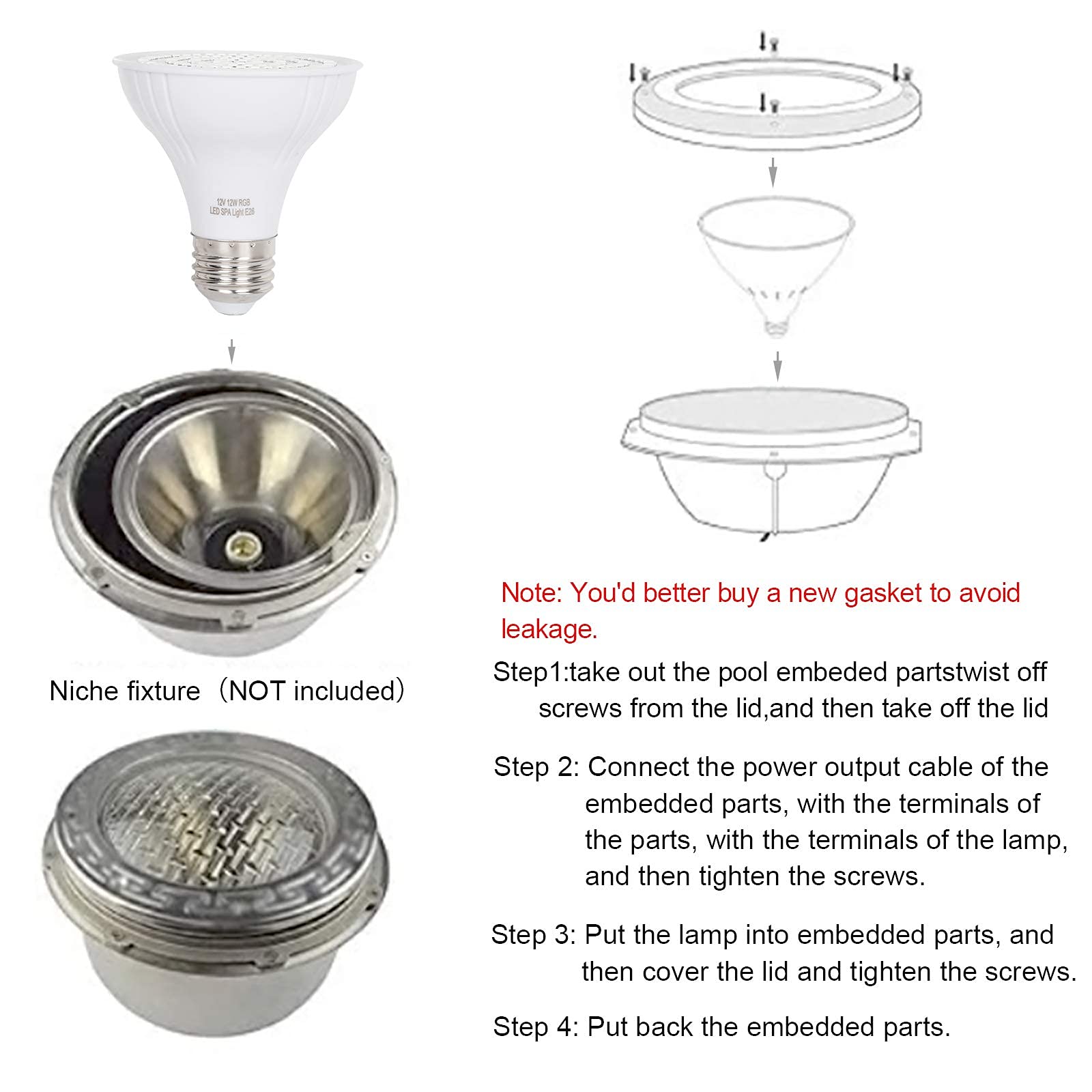 XIUBE SPA LED Light Bulb for In-ground SPA Underwater Swimming Pool RGB Color PAR20 LED Light Bulb E26 Base Replacement for Light Fixtures Remote Switch Control, 12V-12W-RGB LED SPA Light, 12V RGB