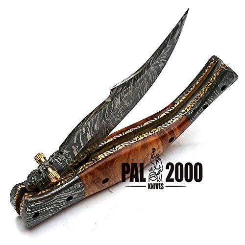 PAL 2000 HUNTING KNIVES FOL-8459 Handmade Damascus Steel Pocket Knife Olive Wood Handle With Sheath