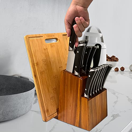 Wood Knife Block Set, 18 Pieces Kitchen Knife Set With Acacia Wood Knife Block, Cutlery With Knife Sharpener&14 Knives, Shear and 1pcs Bamboo Cutting Board Included For KitchenâŚ