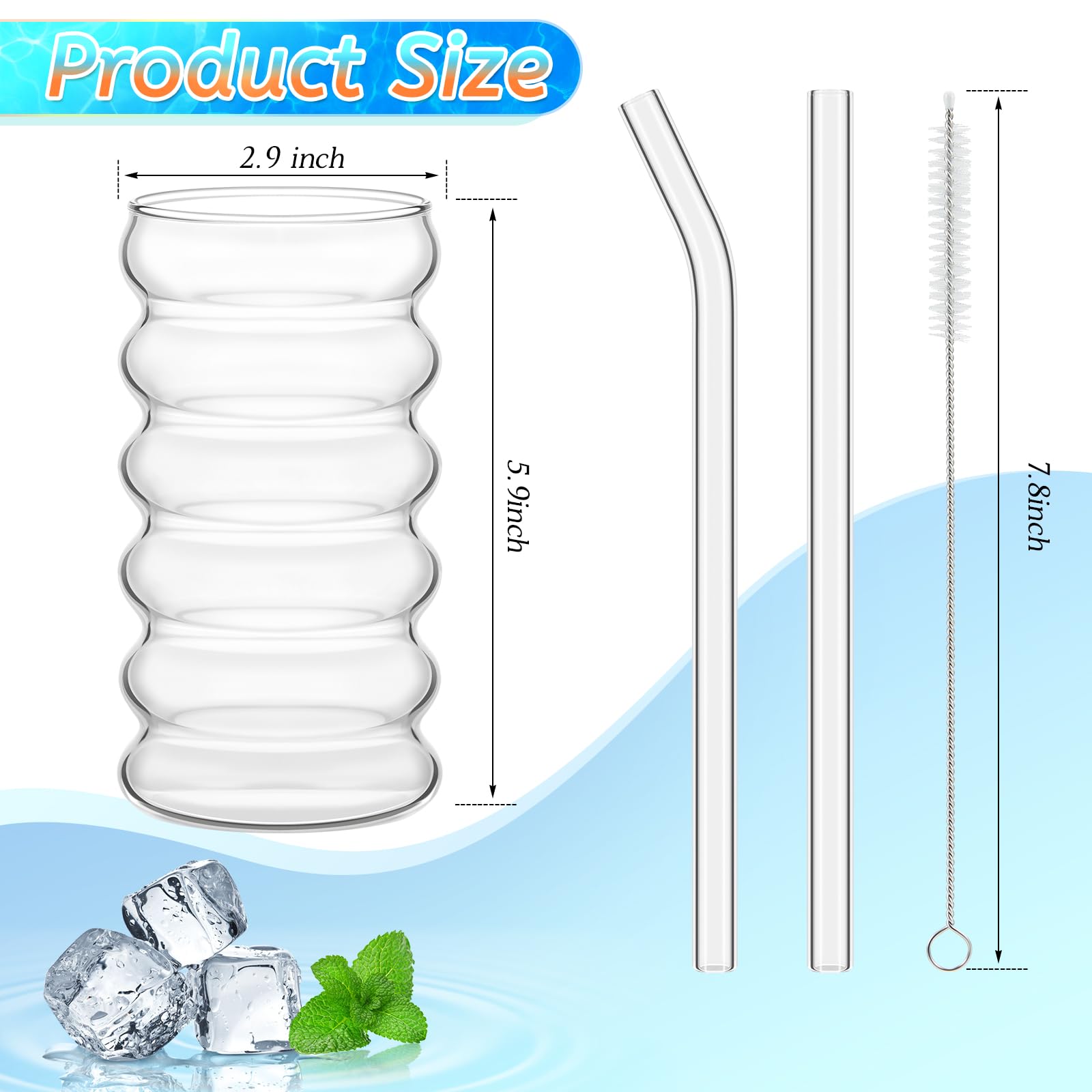 Tessco 4 Pcs Creative Glass Cups Vintage Drinking Glasses Ribbed Glassware Aesthetic Cups Entertainment Dinnerware Glassware with Straws Set for Kitchen Coffee Juice Beverage (Clear,16 oz)
