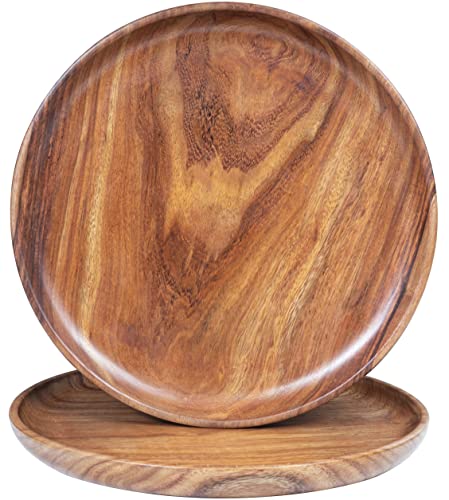 Wooden Plates, Teak Wood Dinner Plates, Round Serving Plate Set of 2, Cheese Plates Coffee Tea Serving Tray Fruit Platters Party Dinner Plates, Wood Plates for Snacks, 10 Inch