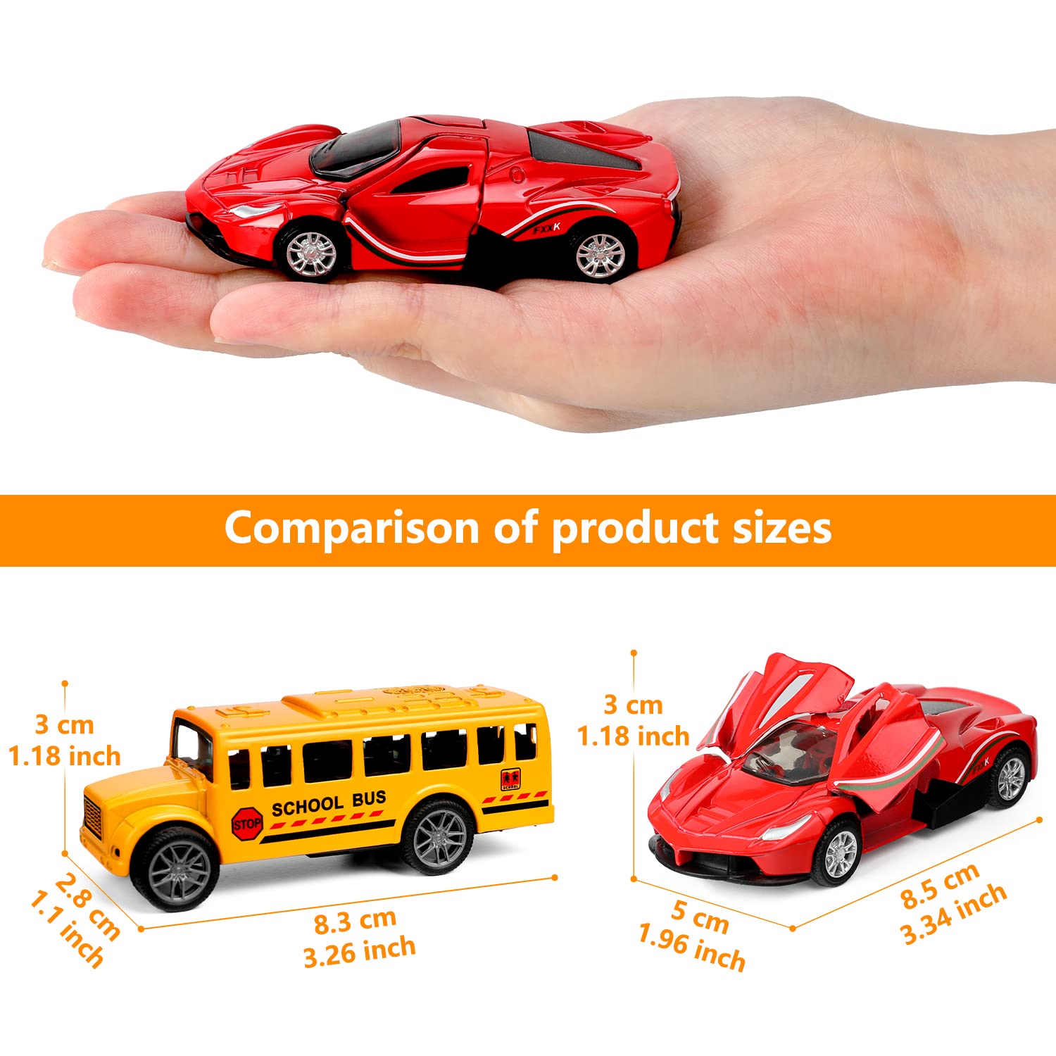 weilaga 5 PCS Die-cast Pull Back Vehicles,Mini Alloy Metal Models Car Toys,School Bus Toys,Police Car with Openable Doors for Kids Boys Girls