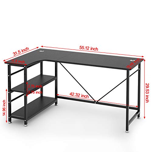 SEISSO Modern L-Shaped Computer Desk with Adjustable Storage Shelves, 55 Inch Black Corner Writing Table Workstation Pc Laptop Gaming Desk with Bookshelf for Home Office Study Bedroom Small Space