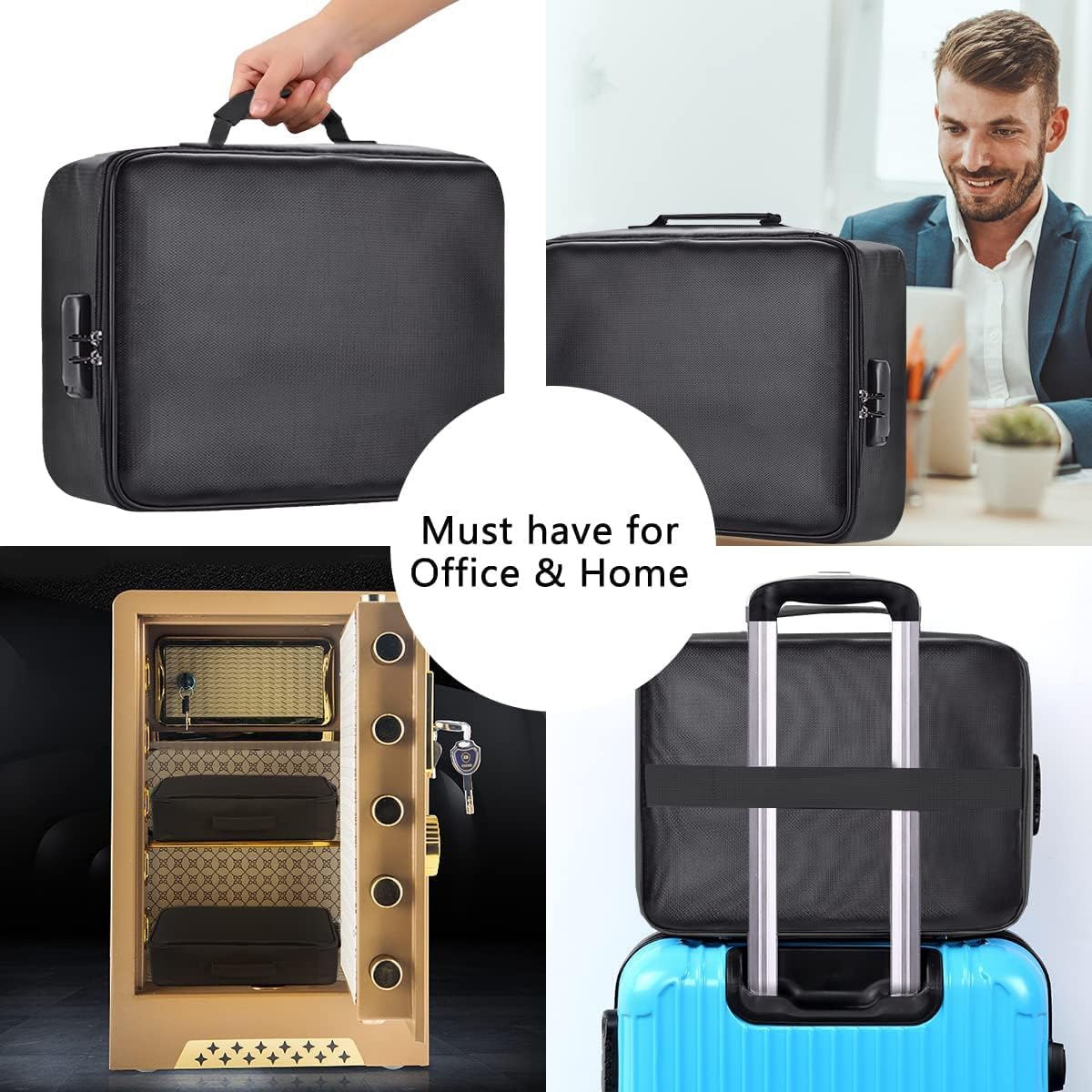 ruboka Fireproof Document Bag, 3-Layer Fireproof Document Organizer with Lock, Home Office Travel Fireproof Lock Box, Portable Fireproof Document Safe for Files Passport Certificates