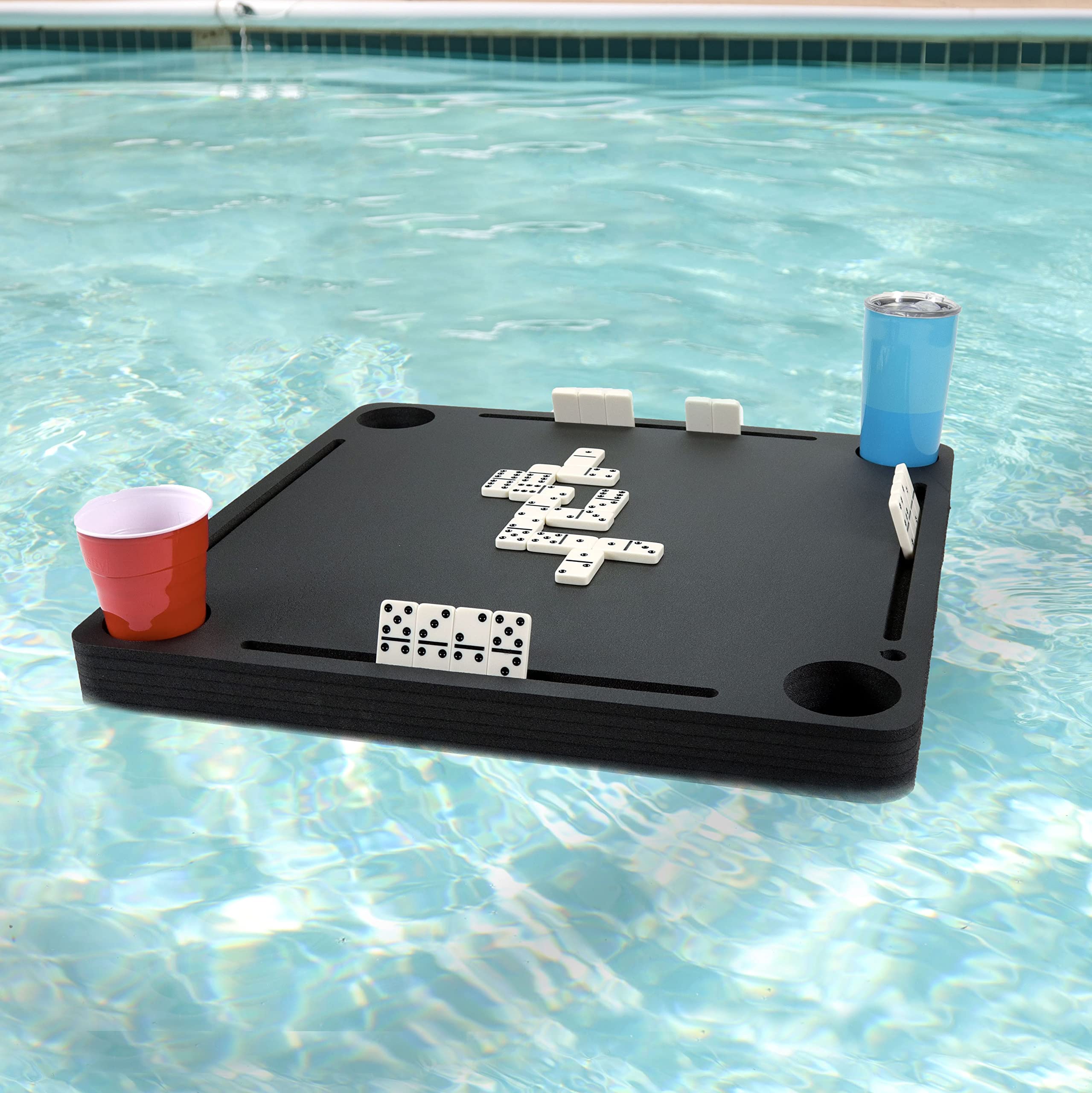 Polar Whale Floating Dominoes Table Tray for Pool or Beach Party Hot Tub Game Float Lounge Durable Black Foam 23 Inches with Drink Holders and Domino Slots
