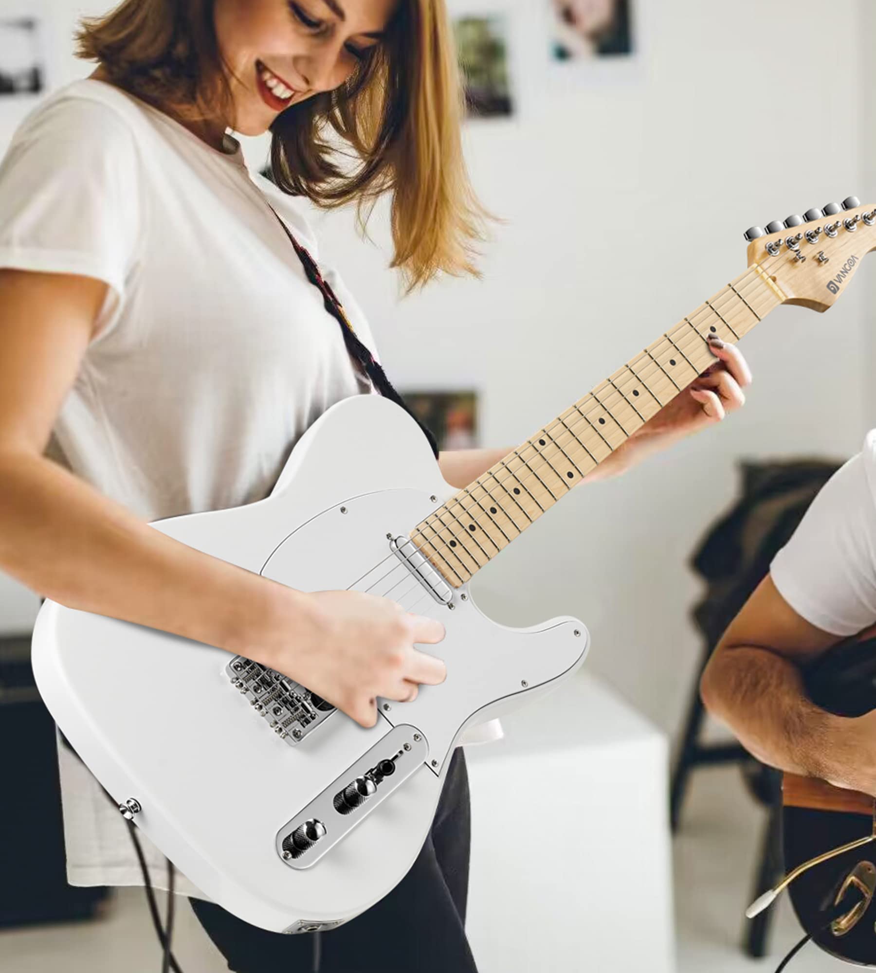 Vangoa Electric Guitar 39 Inch Full Size TELE Electric Guitar Solid Body Beginner Kit for Adult Teens with Bag, Strap, Cable, White