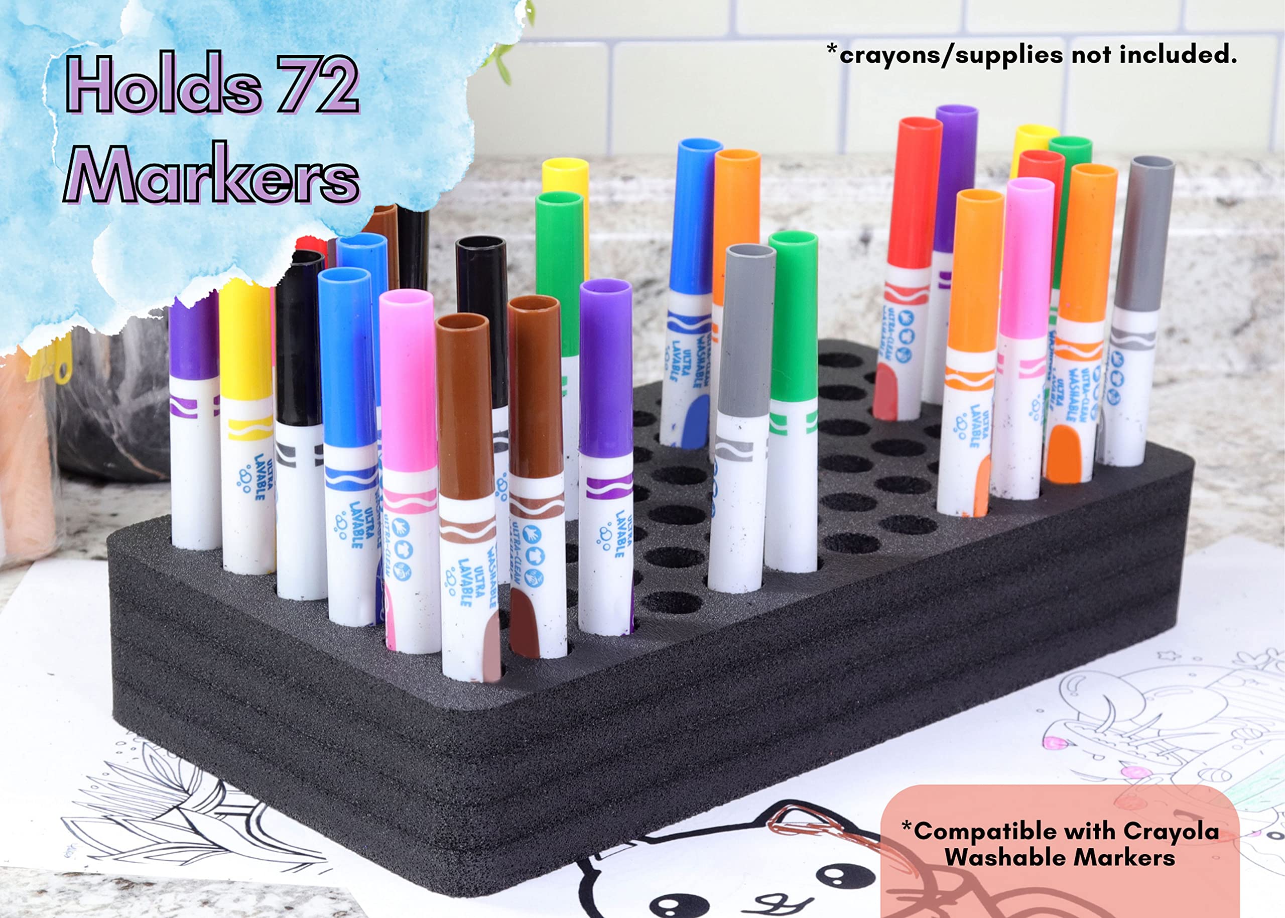 Polar Whale 4 Washable Marker Desk Stand Organizers Compatible with Crayola and Others Design Storage Tray Supply Non-Scratch Non-Rattle Washable Durable Black Foam Each Holds 72