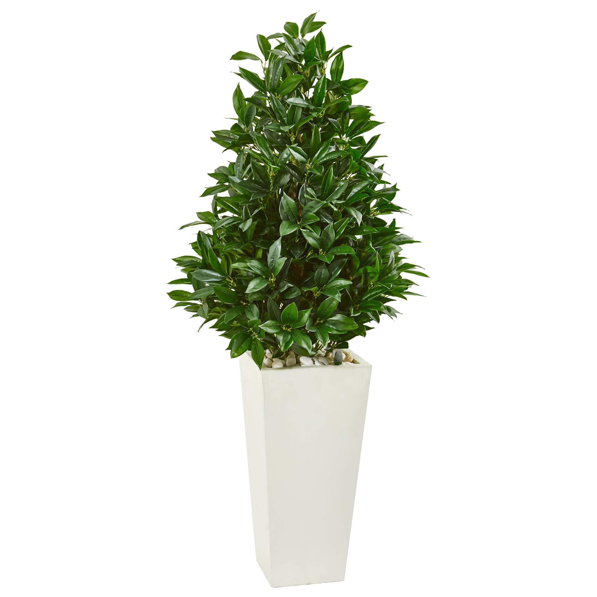Nearly Natural 4-Ft. Bay Leaf Cone Topiary Artificial White Tower Planter UV Resistant (Indoor/Outdoor) Silk Trees Green