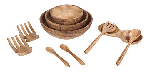 Winlay Wooden Serving Bowls with Spoon set 3 Mango Wooden Salad Bowl along with spoons and Salad Bowls mixer kitchen bowls Popcorn bowls 3 Size 10" x 7.75" x 6" Width, Burn Brown finish