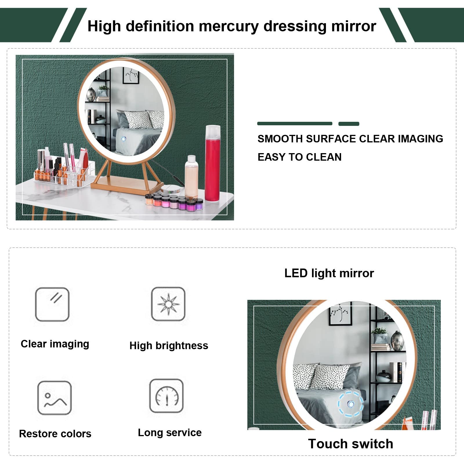 Vanity Desk with Lighted Mirror, Marble Makeup Table, Dressing Table with Cushioned Stool, Bedroom Makeup Vanity Dressing Desk for Women Girls, Adjustable Brightness