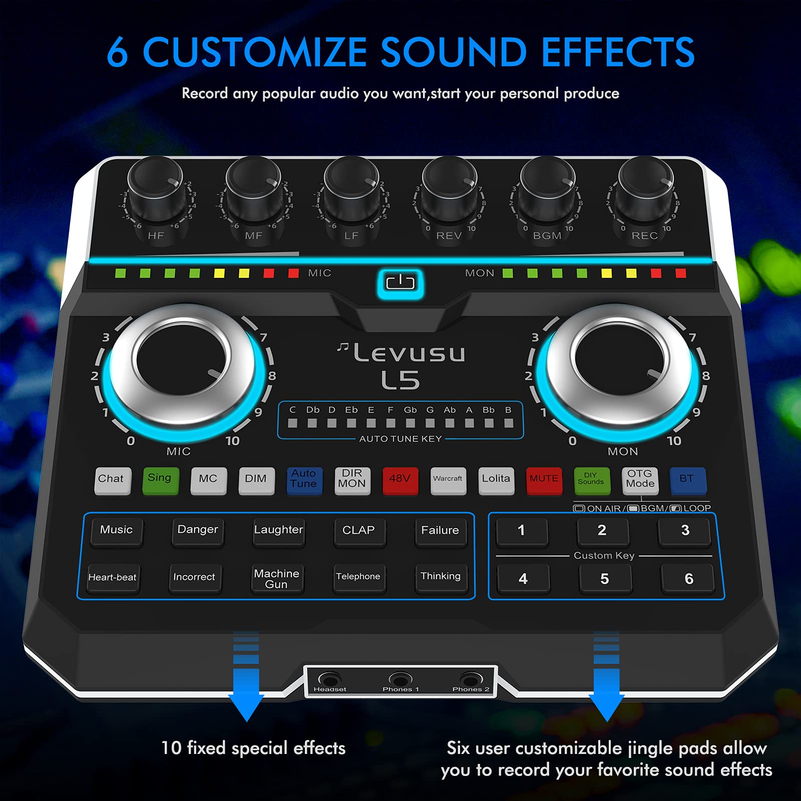 USB Digital Audio Interface with DJ Mixer and Live Sound Card, Karaoke, Auto Tune, XLR, Phantom Power, Protable Podcast Studio Equipment for Guitar, Live Streaming, PC, Recording and Gaming (L5)