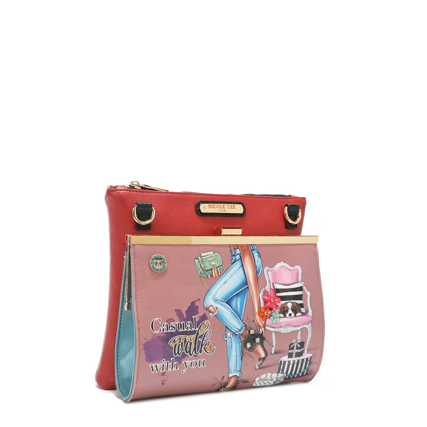 Nicole Lee Casual Walk Medium Crossbody, 2 Compartments, Pink Fashion Dog Print with Embellishments, Optional Strap