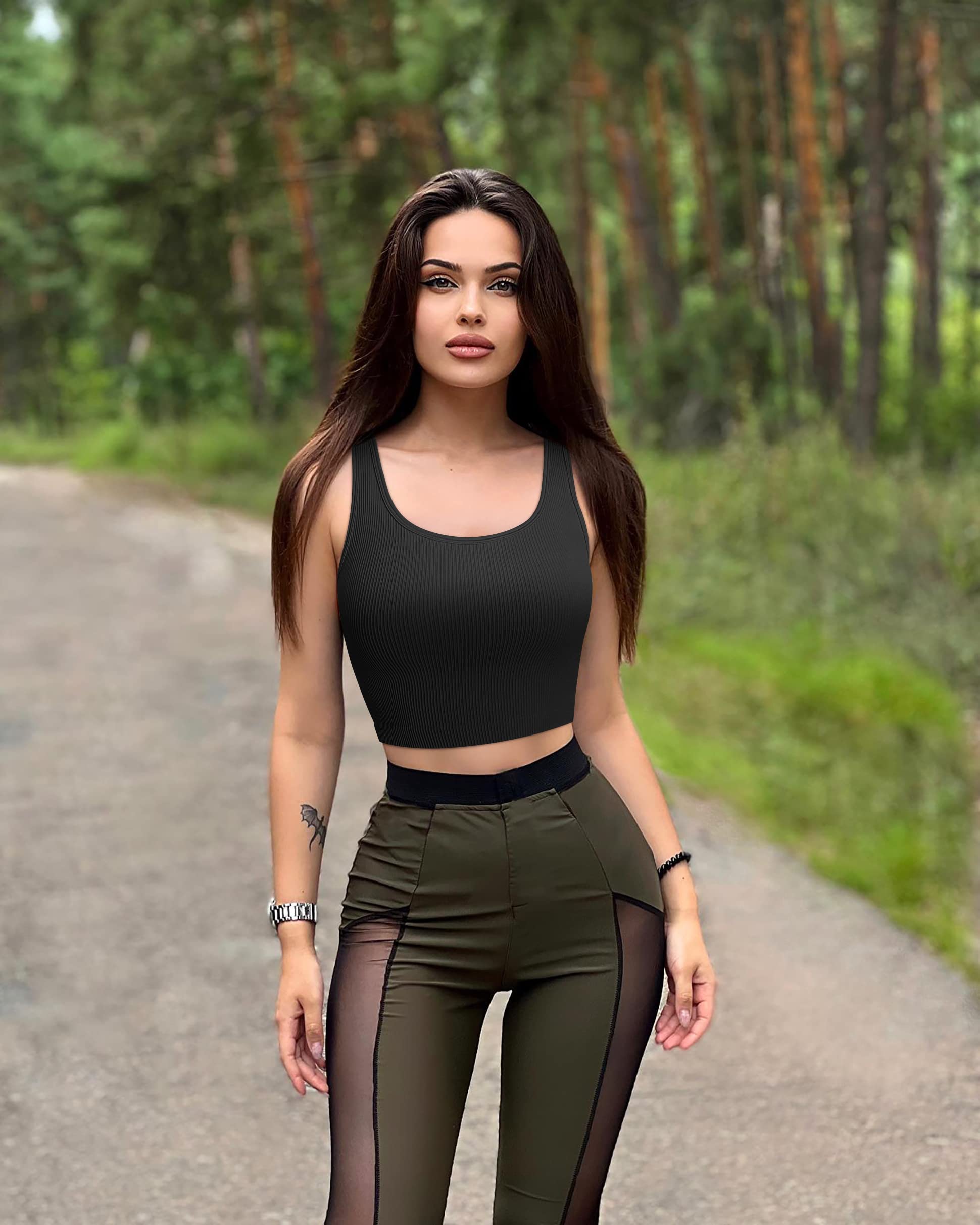 OQQ Women's 3 Piece Tank Tops Ribbed Seamless Workout Exercise Shirts Yoga Sleeveless Crop Tops Black Grey Beige