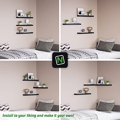 NEATERIZE Floating Shelves Set of 3 | Durable Wall Shelves with Invisible Bracket | Great Shelf for Bathroom, Bedrooms, Kitchen, Office and Living Room Décor. (Black - Small)