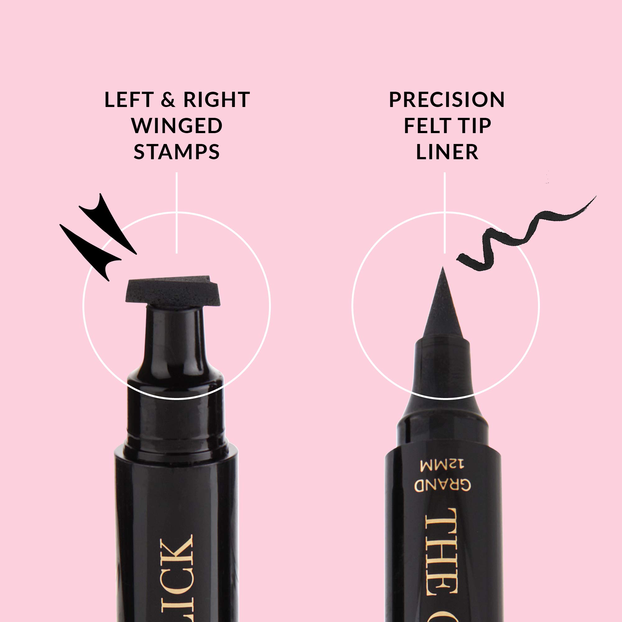 The Quick Flick - Wings Eyeliner Stamp, Felt-Tip Liquid Eyeliner, Water-and-Smudge-Proof Cat Eyeliner, Intense Black Liquid Eyeliner Pen, Grand 12mm (5mm Thickest) Winged Eyeliner Stamp, 2 Pens
