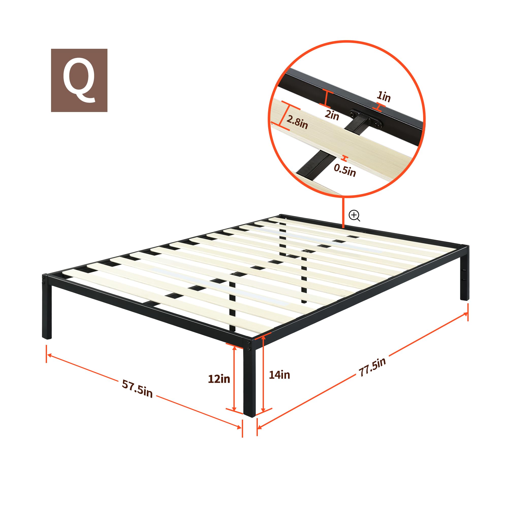 PrimaSleep 14 Inch Modern Metal Platform Bed Frame/Easy Assembly/Mattress Foundation/Wood Slat/No Box Spring Needed/Queen/Black