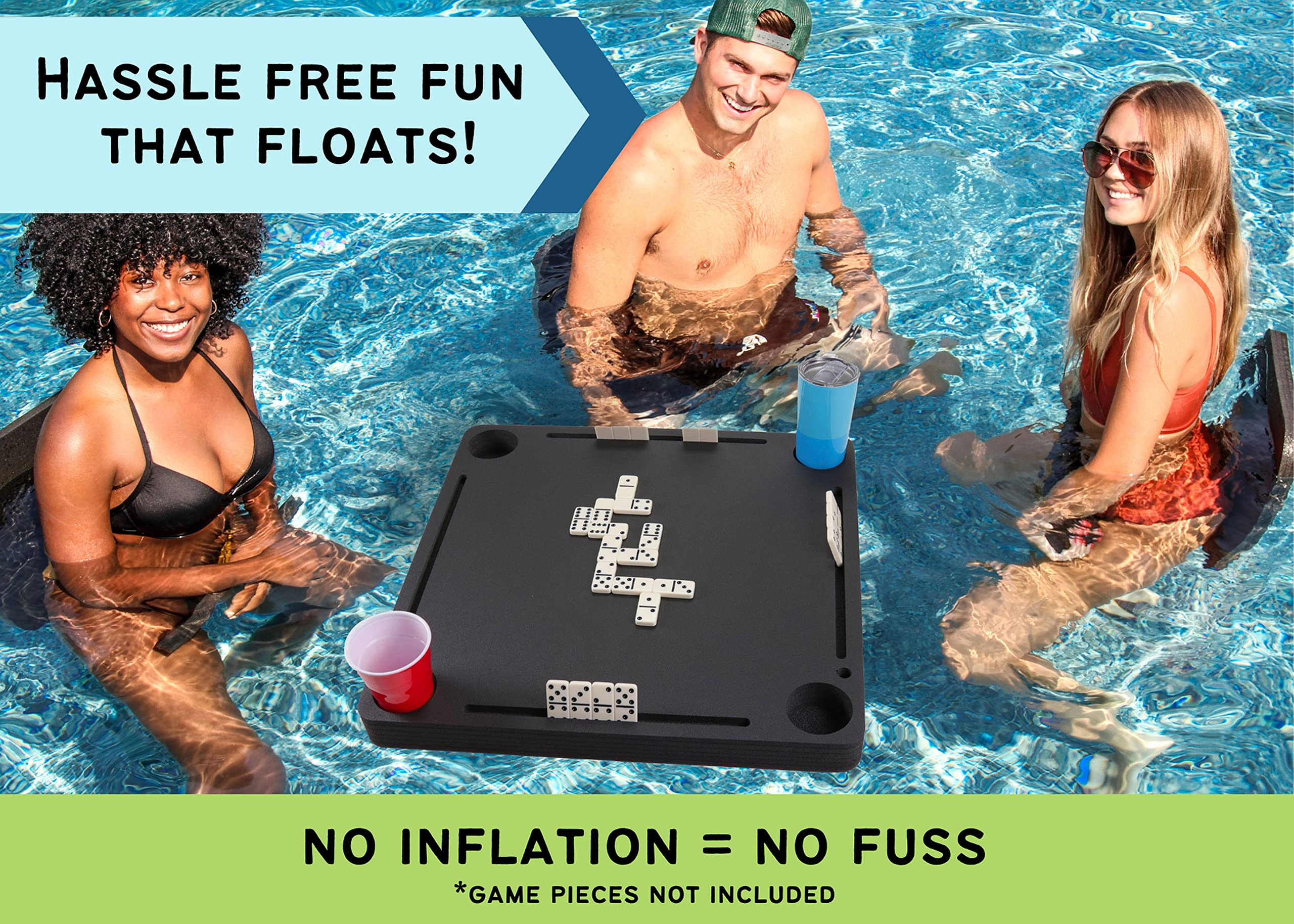 Polar Whale Floating Dominoes Table Tray for Pool or Beach Party Hot Tub Game Float Lounge Durable Black Foam 23 Inches with Drink Holders and Domino Slots
