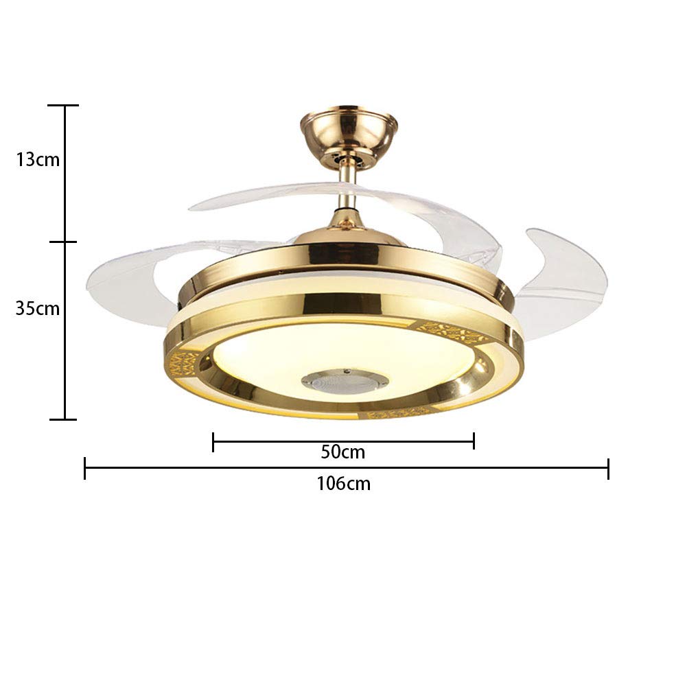 TFCFL 42'' Modern Music Ceiling Fan with Light, Invisible Smart Chandelier Fan with Bluetooth Player Remote Control 4 Retractable Blades 3 Colors for Dining Room Bedroom (Gold)