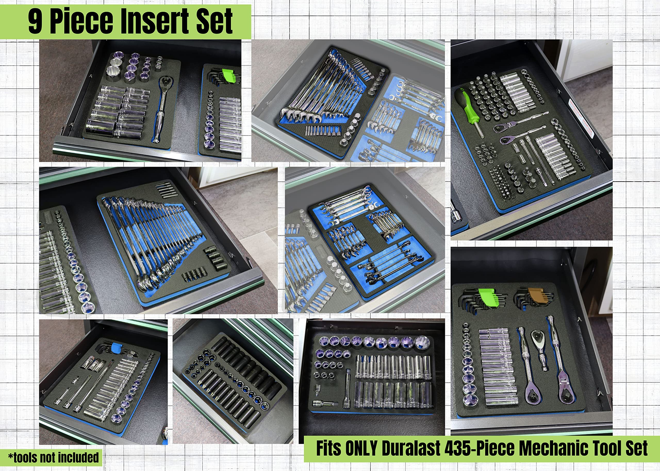 Polar Whale Tool Drawer Organizer Inserts Fits Duralast 435 Piece Mechanics Set Blue and Black Durable Foam Trays Holds Many Tools ONLY For 61-990 1089589 Fits Most Cabinet and Chest Drawers