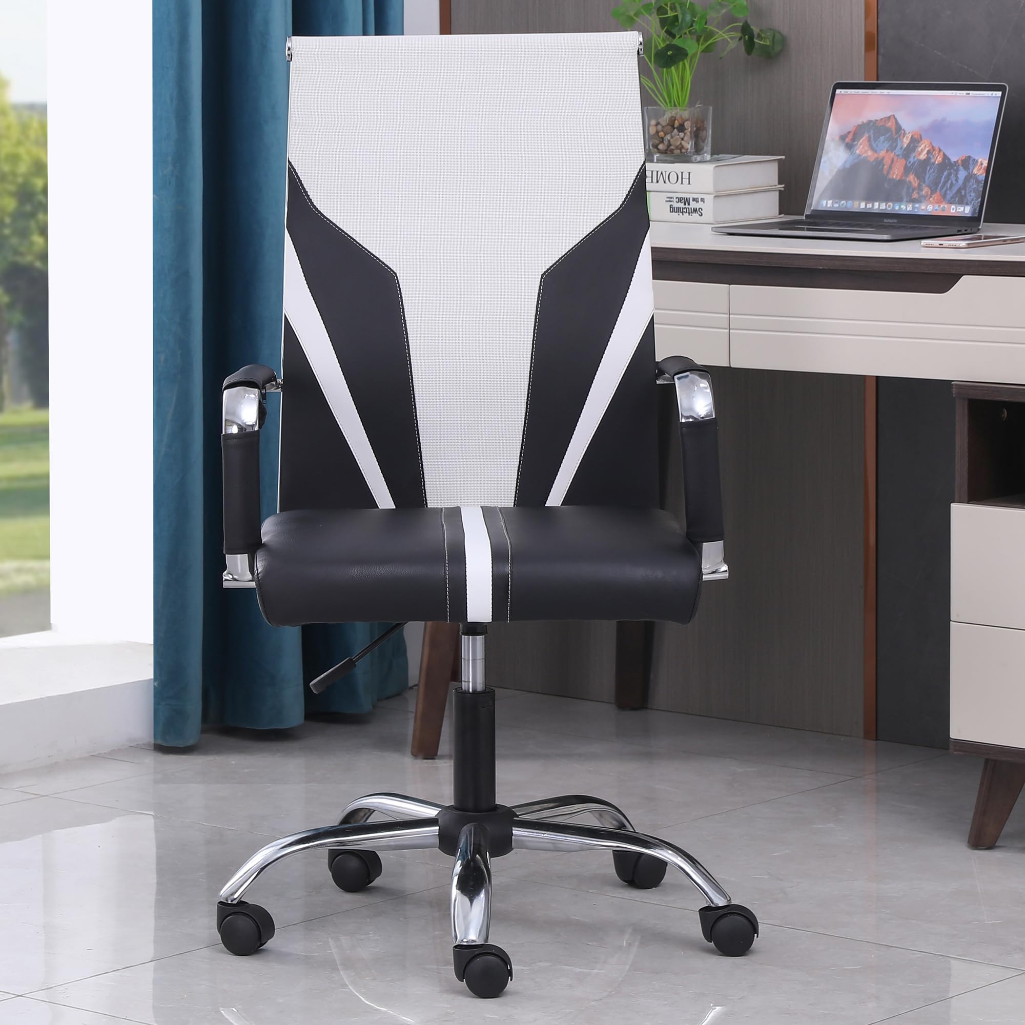 Office Desk Chair with Wheels Arm, Leather Home Office Chair Ergonomics Computer Desk Chairs in Bulk Office Chair Sturdy Black and White