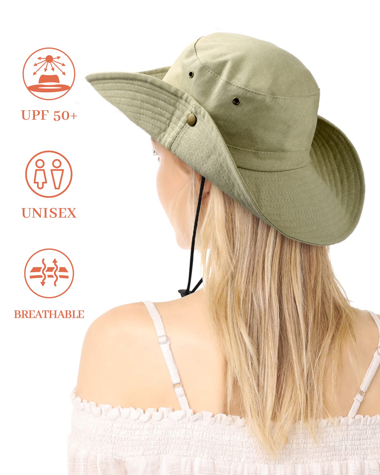 Wide Brim Bucket Sun Hat Packable Cotton Washed UPF 50 Beach Hat for Women Men with Strings Cowboy Outdoor Safari Boonie Cap Khaki