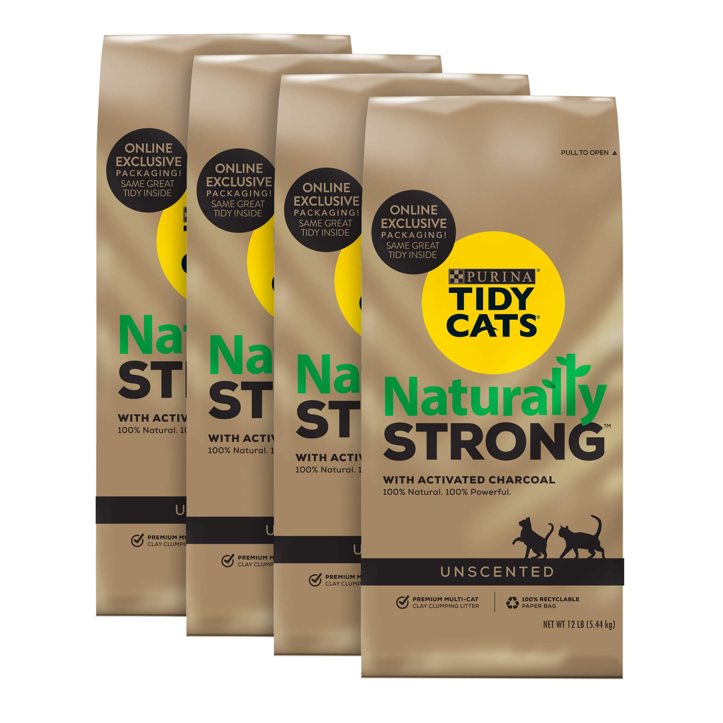 Purina Tidy Cats Unscented, Clumping, Natural Cat Litter, Naturally Strong Clay Multi Cat Litter - (4) 12 lb. Bags