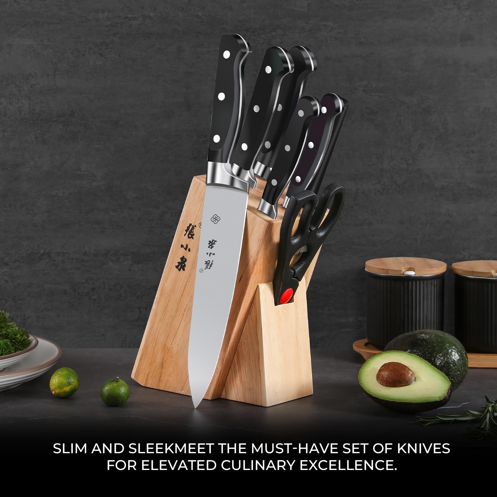 ZHANG XIAO QUAN SINCE 1628 8Pcs Kitchen Chef Knife Set, Triple Rivet Kitchen Knives High Carbon Stainless Steel Knife Sets for Kitchen with Block, Knife Sharpener and Shears, Dishwasher Safe