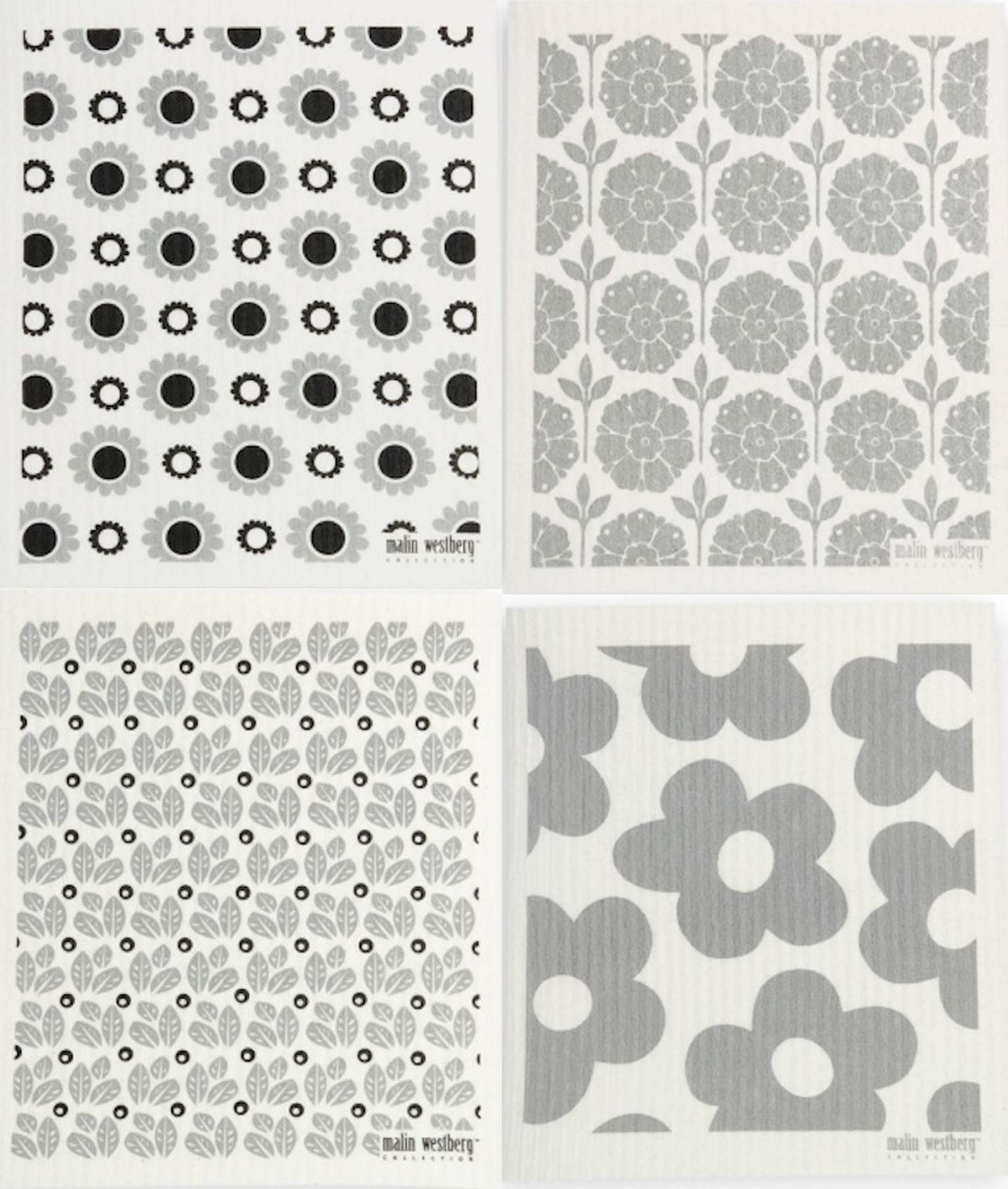 Trendy Tripper Swedish Dishcloths/Sponge Cloths - Packs of 4 Different Designs in Grey (4-Pk Grey: Garden, Berries, BLOMMORS, Country Life Flow)