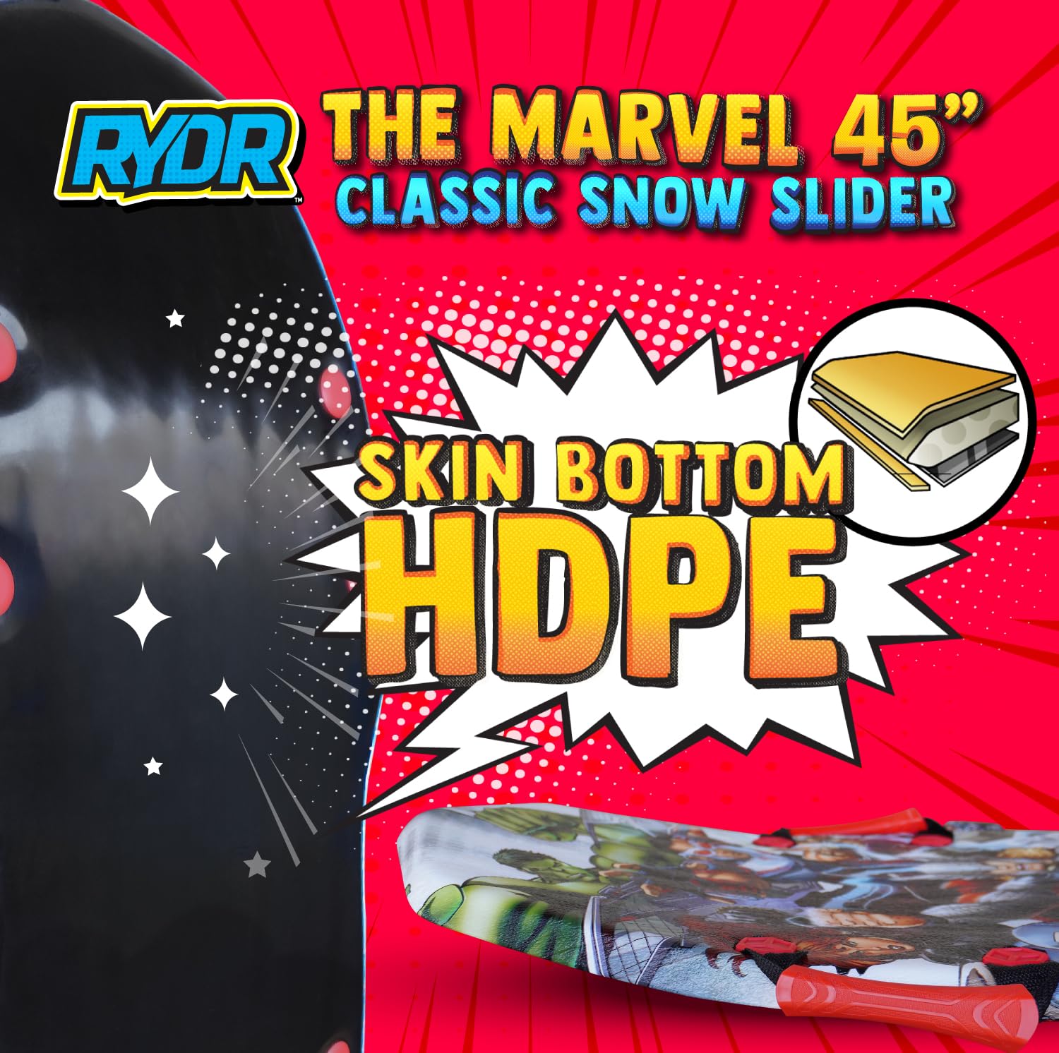 RYDR Marvel 45" Two Person Snow Slider Sled - Kids Downhill Toboggan Winter Sleds Plastic Sledding Board Xtreme Foam Heavy Duty Racer Sleigh for Children