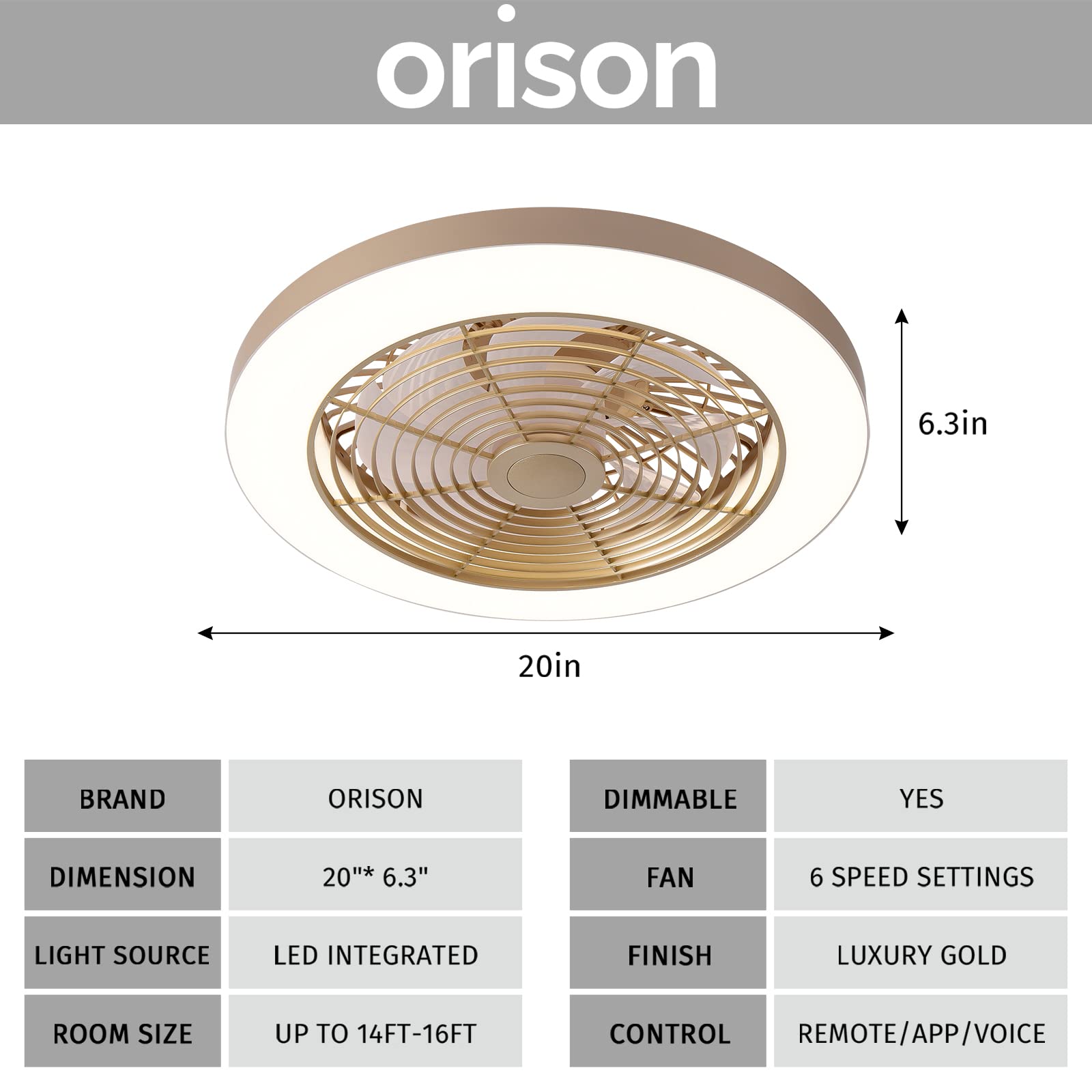 Orison Low Profile - 19.7" Smart Bladeless ceiling fans with Light and Remote,3 Colors Dimmable LED 6 Speeds 8 Blades Enclose for Adult Kids Living Room Bedroom
