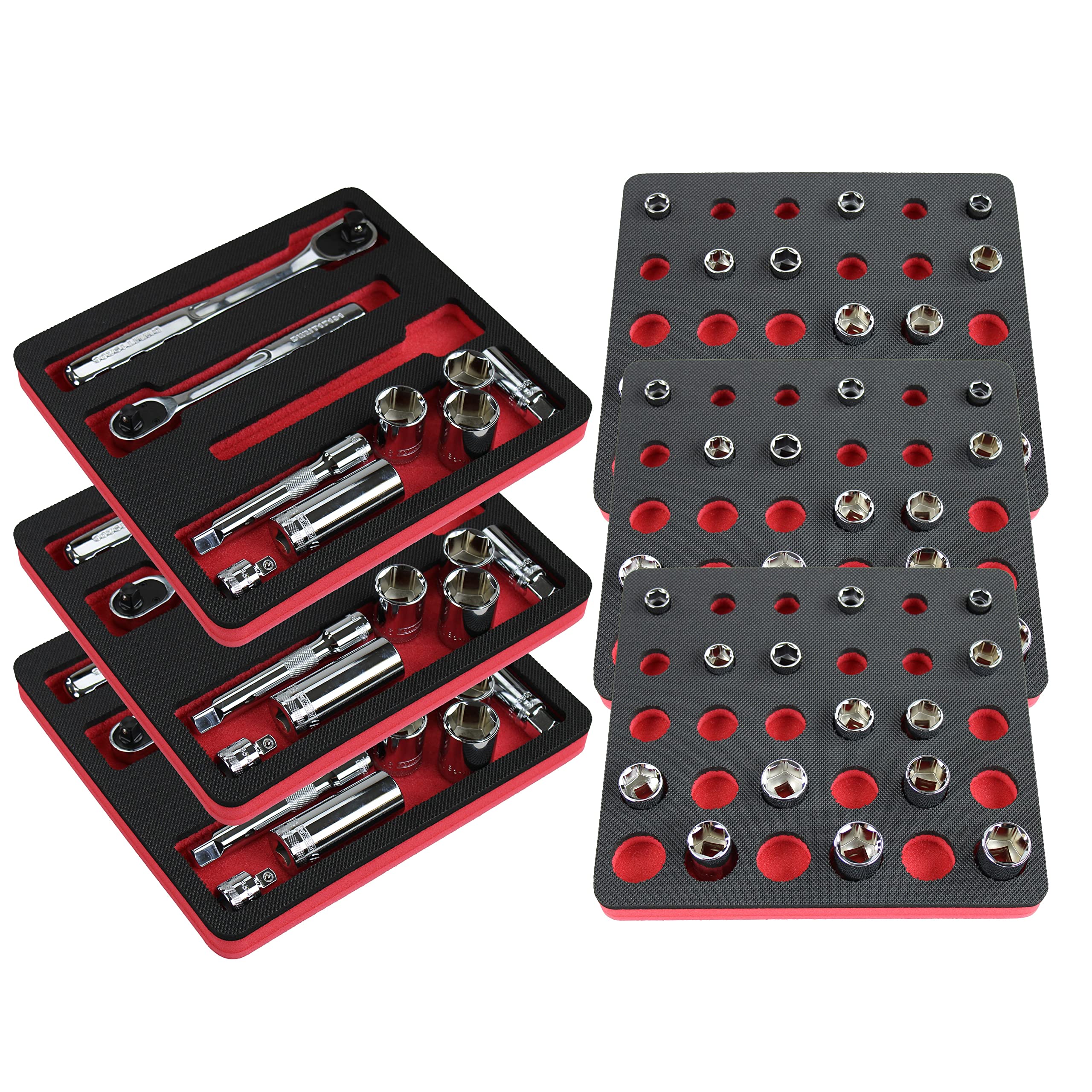 Polar Whale Tool Drawer Organizer 6-Piece Ratchet and Socket Insert Set Red Black Durable Foam Holds Many Tools and Accessories 10 x 11 Inch Trays Fits Craftsman Husky Kobalt Milwaukee Many Others