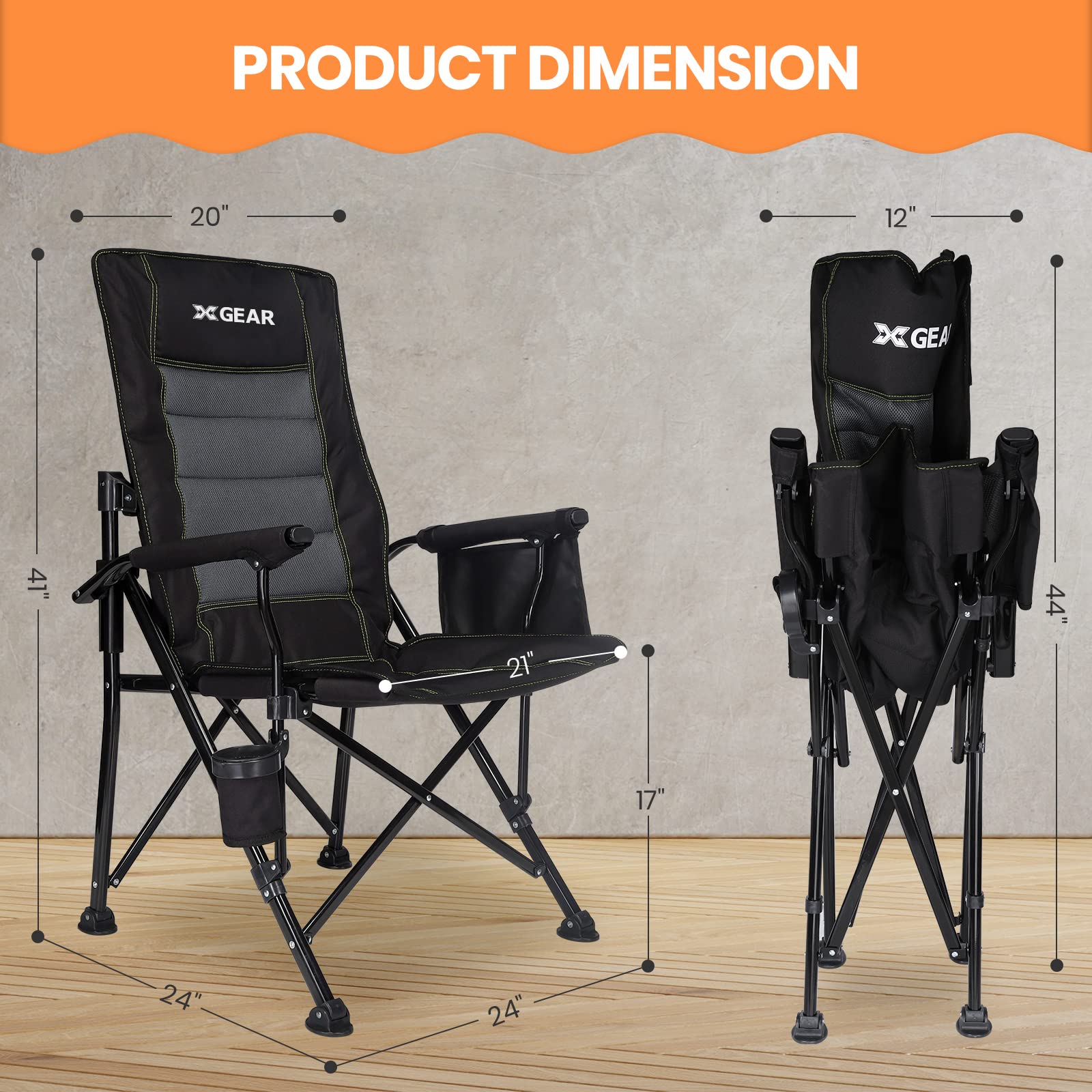 XGEAR Large Sized Hard Arm Adjustable Back Camping Chair Padding Chair (Black)